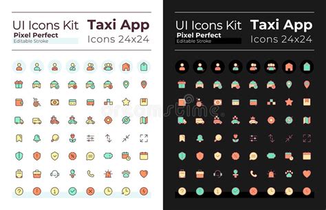 Taxi Service Pixel Perfect Rgb Color Ui Icons Set For Dark Light Mode Stock Vector