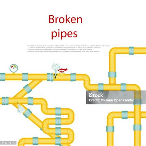 증기 또는 납 가스의 누출 파이프 라인의 파열로 깨진 파이프 수도꼭지 떨어지기 물 공급 문제 파이프 파손 흰색 배경에 격리된 바람 그림 0명에 대한 스톡 벡터 아트 및 기타