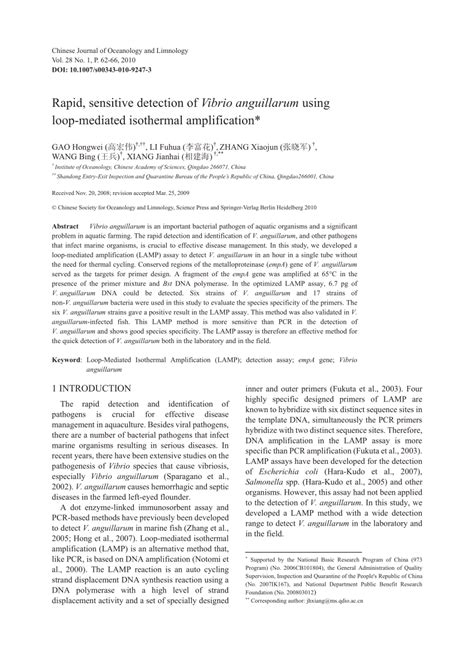 Pdf Rapid Sensitive Detection Of Vibrio Anguillarum Using Loop Mediated Isothermal Amplification