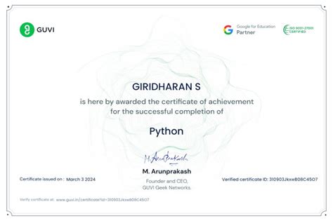 Giridharan S On Linkedin Python Guvi Programming Certification Achievement Excited Learning