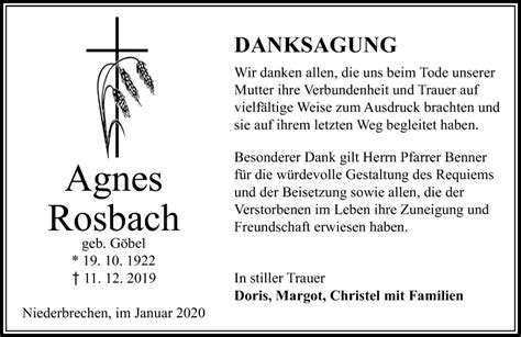Traueranzeigen Von Agnes Rosbach Vrm Trauer De