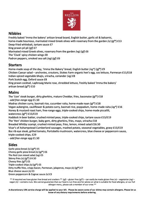 Rl Menu Red Lion Woodcote