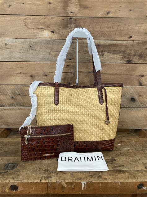 Brahmin Brooke Natural Chatham Straw Weave And Leather Tote With Zipper