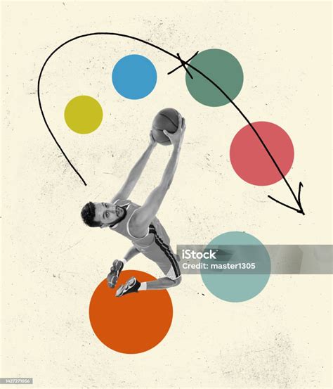 추상적 인 배경 위에 공을 가진 프로 농구 선수 현대 미술 콜라주 스포츠 경쟁 모션 개념 미니멀리즘 농구 팀 스포츠에 대한 스톡
