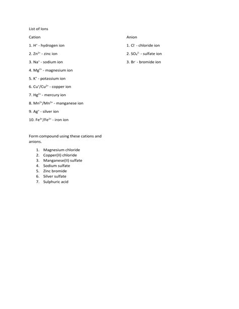 Ions And Compound Formation Chemistry Worksheet