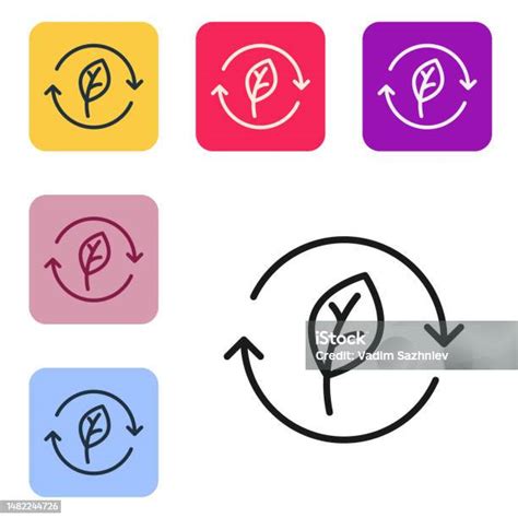 검은색 선 흰색 배경에 분리된 나뭇잎 아이콘이 있는 재활용 기호입니다 원형 화살표 아이콘입니다 환경 재활용 가능 녹색으로 이동합니다 색상 사각형 버튼으로 아이콘을 설정합니다