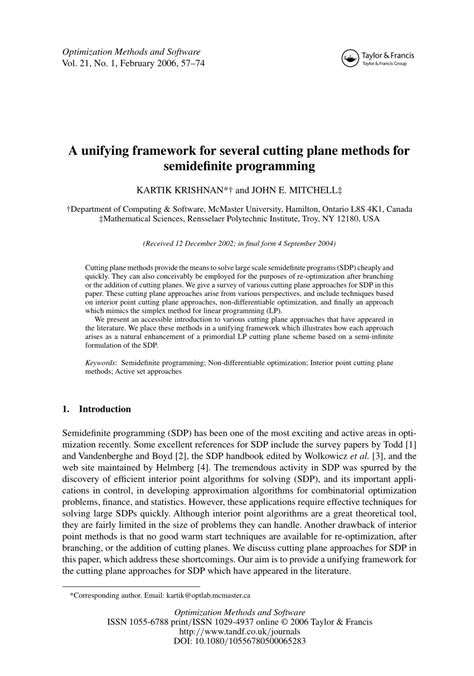 Pdf A Unifying Framework For Several Cutting Plane Methods For Semidefinite Programming