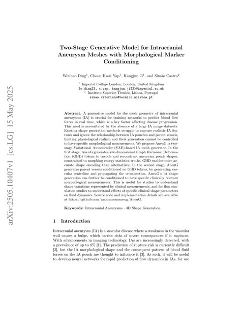 Pdf Two Stage Generative Model For Intracranial Aneurysm Meshes With