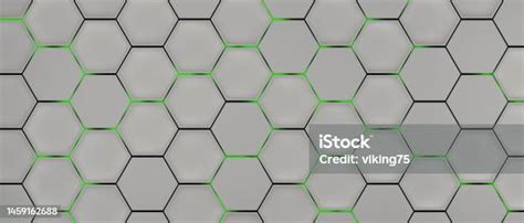 녹색 빔 배경이 있는 밝은 금속 육각형 3d 렌더링 그림 육각형에 대한 스톡 사진 및 기타 이미지 육각형 녹색 테크놀로지