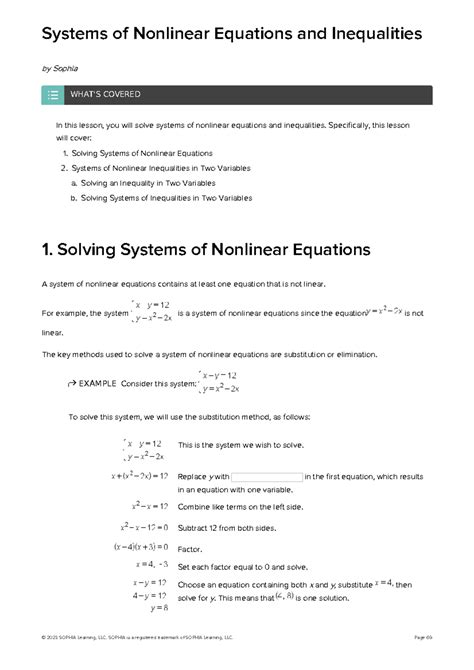 Precalculus Unit 5 Tutorials Pdf4 Systems Of Nonlinear Equations And Inequalities By Sophia In