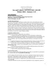 2024 3WW Sex And Culture Syllabus 1 Docx Department Of Anthropology John Jay College CUNY Sex