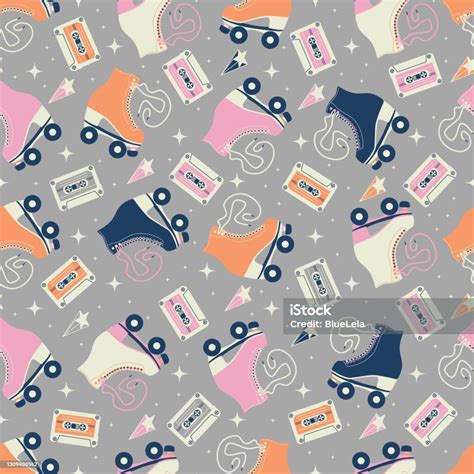 롤러 스케이트와 카세트 테이프와 원활한 패턴 복고풍 핸드 그린 레이스 부츠 다채로운 벡터 일러스트레이션 0명에 대한 스톡 벡터 아트 및 기타 이미지 Istock