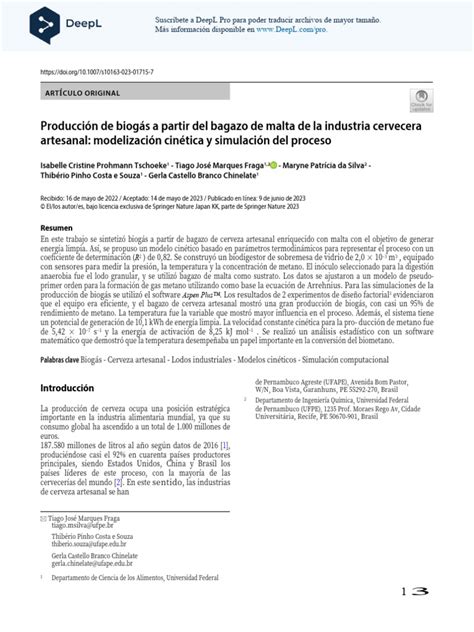 Biogas Production From Malt Bagasse From Craft Beer Industry Kinetic Modeling And Process