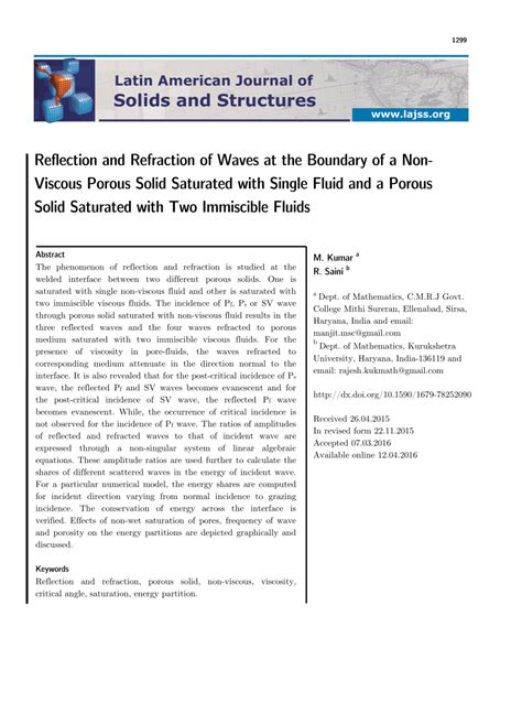 Pdf Reflection And Refraction Of Waves At The Boundary Of A Non Viscous Porous Solid Saturated