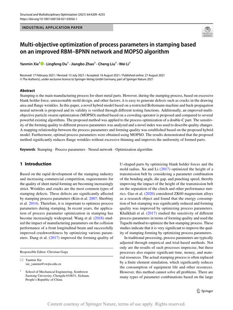 Multi-objective optimization of process parameters in stamping based on an improved RBM–BPNN ...