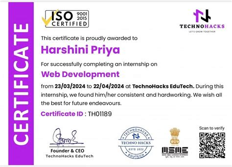 Harshinipriya Sadula On Linkedin Internship Certificate Technohacksedutech Webdevelopment