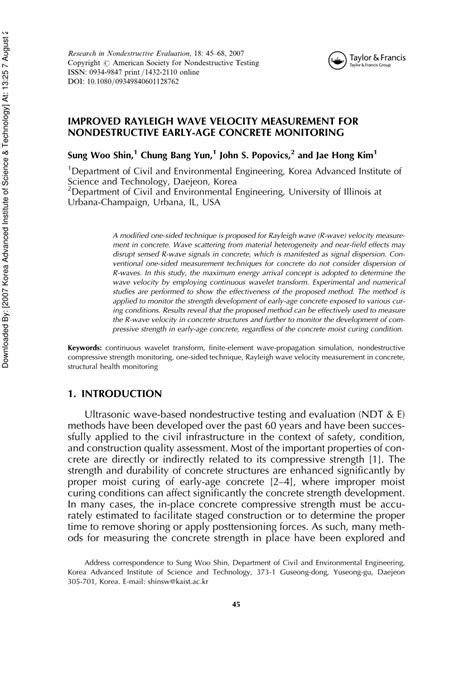 Pdf Improved Rayleigh Wave Velocity Measurement For Nondestructive Early Age Concrete Monitoring