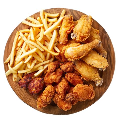 Crispy Fried Chicken Wings Fries And Tenders On Wooden Platter 55182056 Png