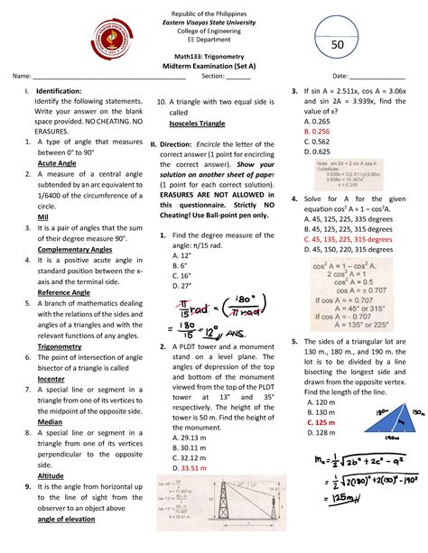 answer key midterm trigonometry republic of the philippines eastern