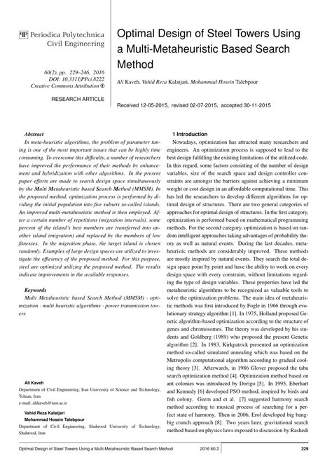 Pdf Optimal Design Of Steel Towers Using A Multi Metaheuristic Based Search Method