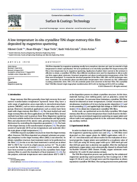 Pdf A Low Temperature In Situ Crystalline Tini Shape Memory Thin Film