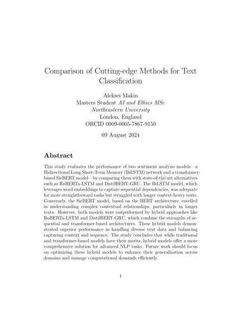 Pdf Comparison Of Cutting Edge Methods For Text Classification Alex Makin