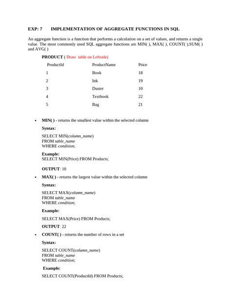 Exp 7 Implementation Of Aggregate Functions In Sql Pdf Teaching