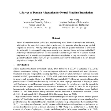 A Survey Of Domain Adaptation For Neural Machine Translation Acl Anthology