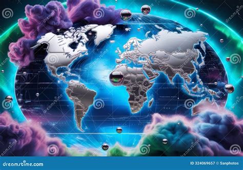Futuristic Neon Blue Holographic World Map Stock Photo CartoonDealer