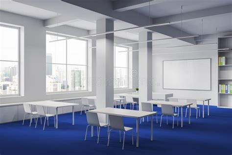 Stylish White Classroom Interior With Table In Row And Shelf Near