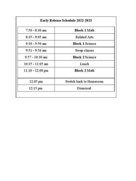 Early Release Schedule Pdf