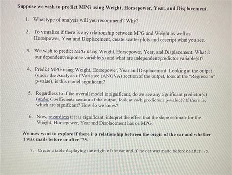 solved suppose we wish to predict mpg using weight