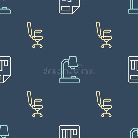 Set Line Document With Graph Chart Office Chair And Table Lamp On Seamless Pattern Vector