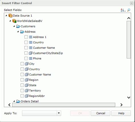 Insert Filter Control Dialog