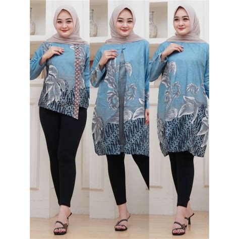 Jual Blouse Batik Dan Tunik Batik Biru Muda Bahan Katun Prima Shopee
