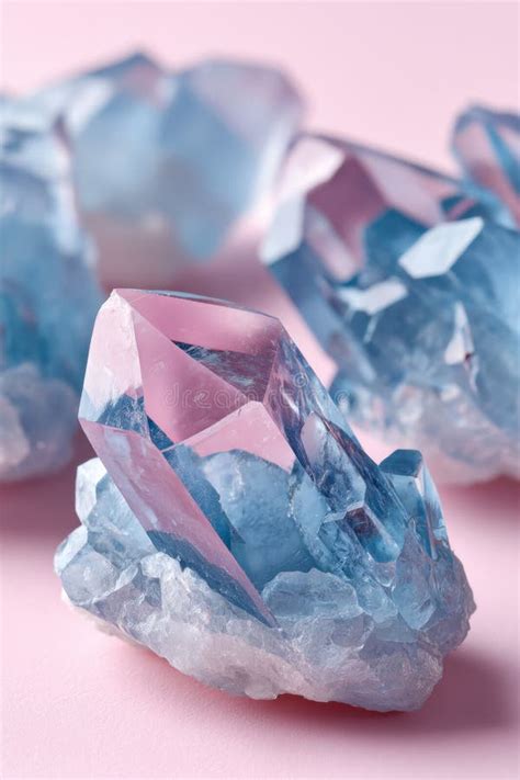 Cluster Of Translucent Blue Crystals Reflecting Pink Light On Pink Background Stock Image