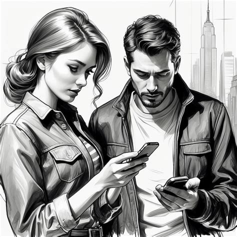 A Drawing Of A Man And A Woman With A Phone In Their Hands Premium Ai Generated Image