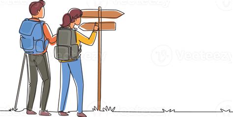 Doorlopend Een Lijn Tekening Richting Wijzer Wandelaars Stel Mens En Vrouw Met Rugzakken