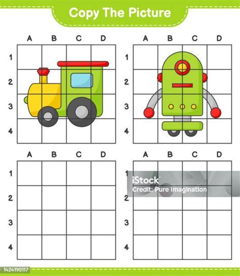 그림을 복사하고 그리드 선을 사용하여 기차 및 로봇 캐릭터의 그림을 복사하십시오 교육 어린이 게임 인쇄 가능한 워크 시트 벡터 일러스트 레이 션 0명에 대한 스톡 벡터 아트