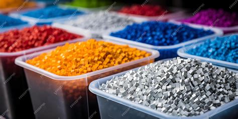 Colorful Bins Containing Highdensity Polyethylene Plastic Pellets For Industrial Use Concept