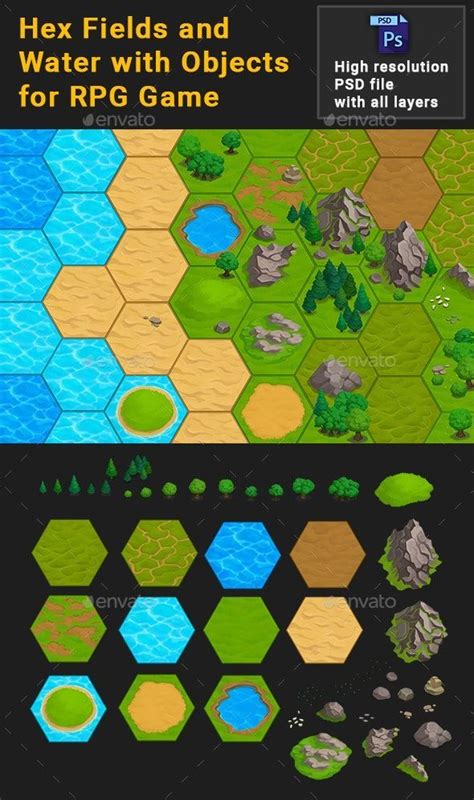 stylized hex fields and water basic set with objects game design