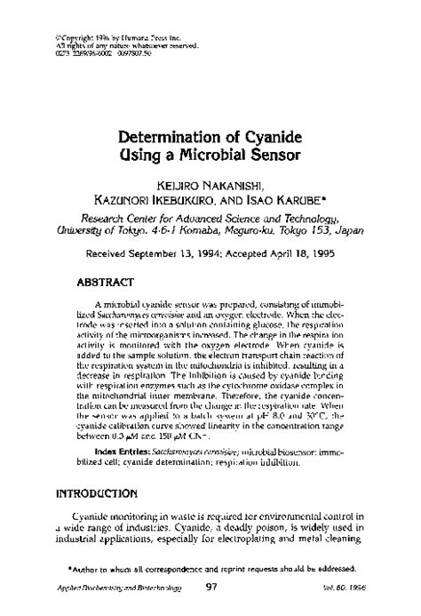 Pdf Determination Of Cyanide Using A Microbial Sensor