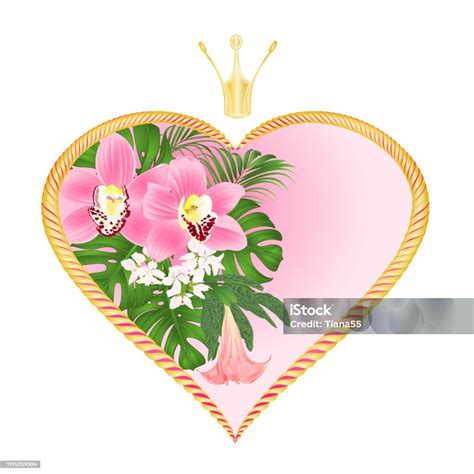 크라운과 열대 꽃과 아름다운 핑크 난초 심비듐 팜 Philodendron과 브루그만시아 발렌타인 데이 축제 배경 빈티지 벡터 일러스트로 황금 하트 라벨 편집 개체 그룹에
