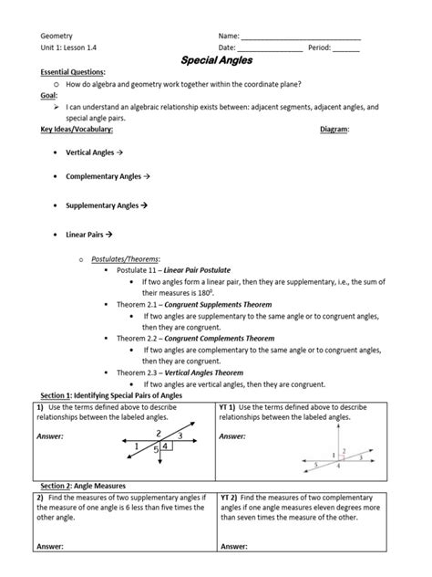 geometry unit 1 lesson 1 4 special angles new pdf angle