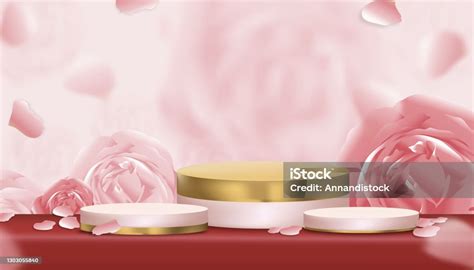 벡터 3d 영어 는 빈 디스플레이 핑크와 옐로우 골드 스탠드 흐릿한 꽃잎 배경에 연단과 꽃 봄 꽃 화장품 이나 미용 제품에 대한 일러스트 쇼케이스 모형 0명에 대한 스톡