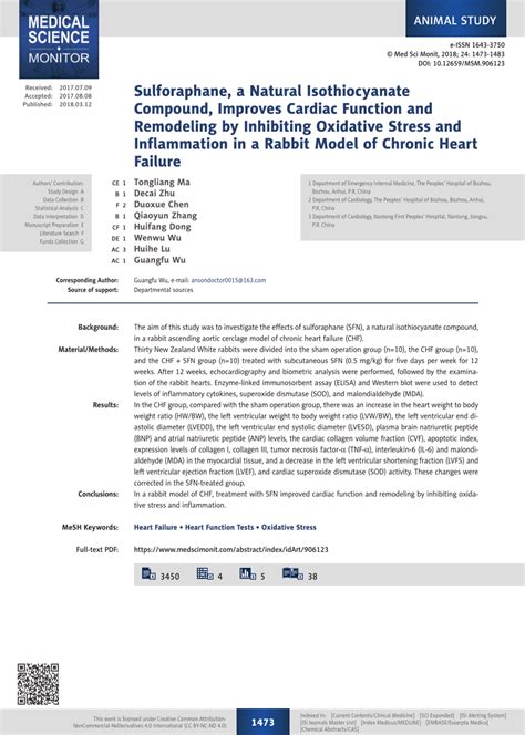Pdf Sulforaphane A Natural Isothiocyanate Compound Improves Cardiac Function And Remodeling
