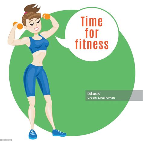 스포츠웨어를 입은 스포티 한 젊은 여성 덤벨로 소녀를 맞 춥니 다 웃는 만화 소녀는 피트니스를 하자고 말한다 스포츠 컨셉 벡터 일러스트레이션 가냘픈에 대한 스톡 벡터 아트