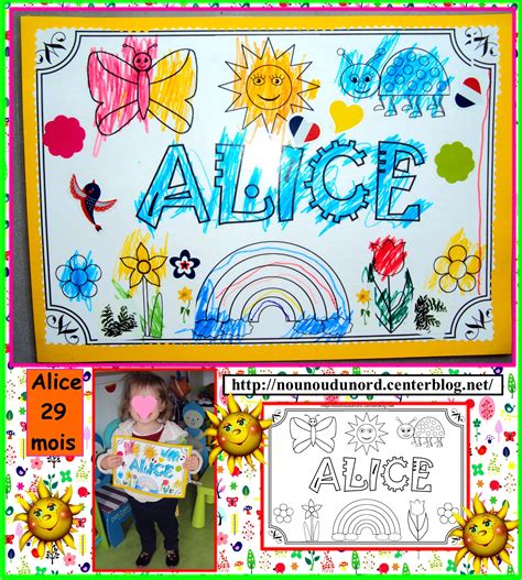 Alice a colorié son prénom et les dessins autour