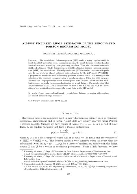 Pdf Almost Unbiased Ridge Estimator In The Zero Inated Poisson