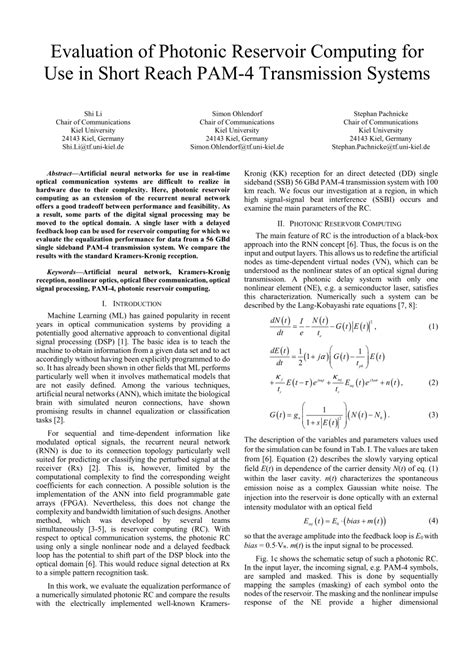Pdf Evaluation Of Photonic Reservoir Computing For Use In Short Reach Pam 4 Transmission Systems